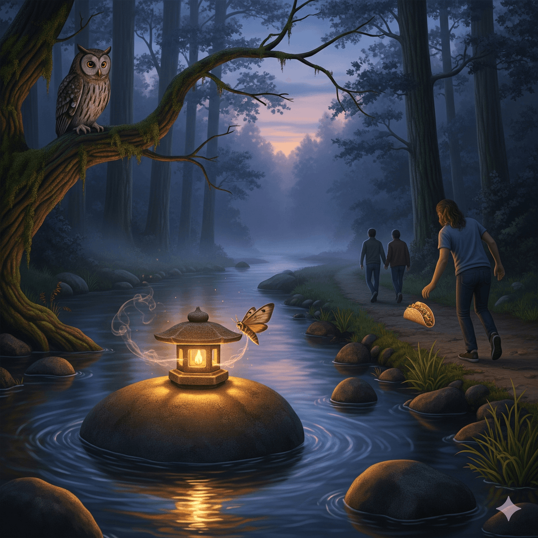 River, Stone, Lantern, Moth